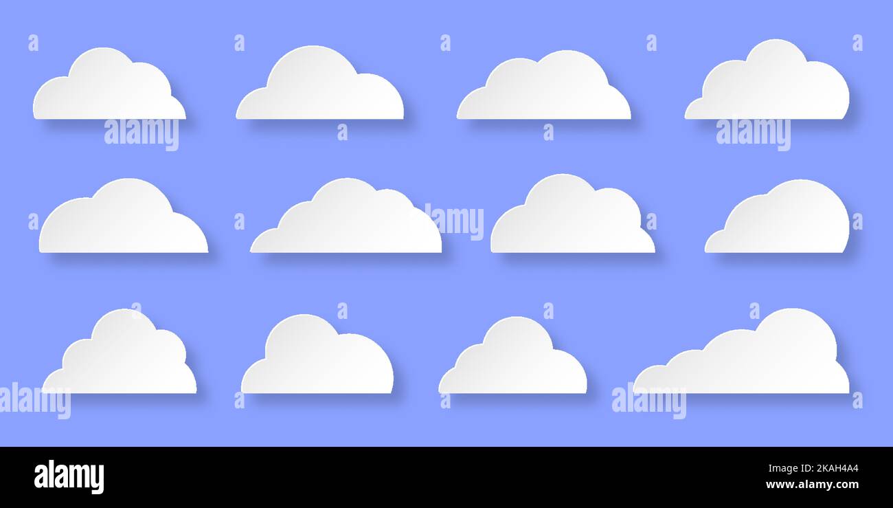 White paper cut clouds set isolated on blue background. Abstract ...