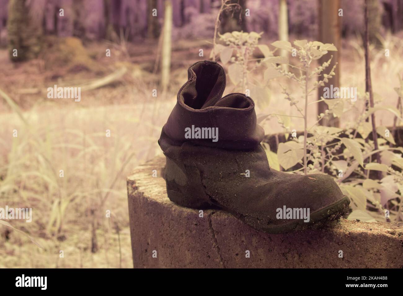 infrared image of the unwanted and worn out single boot at the farm ...