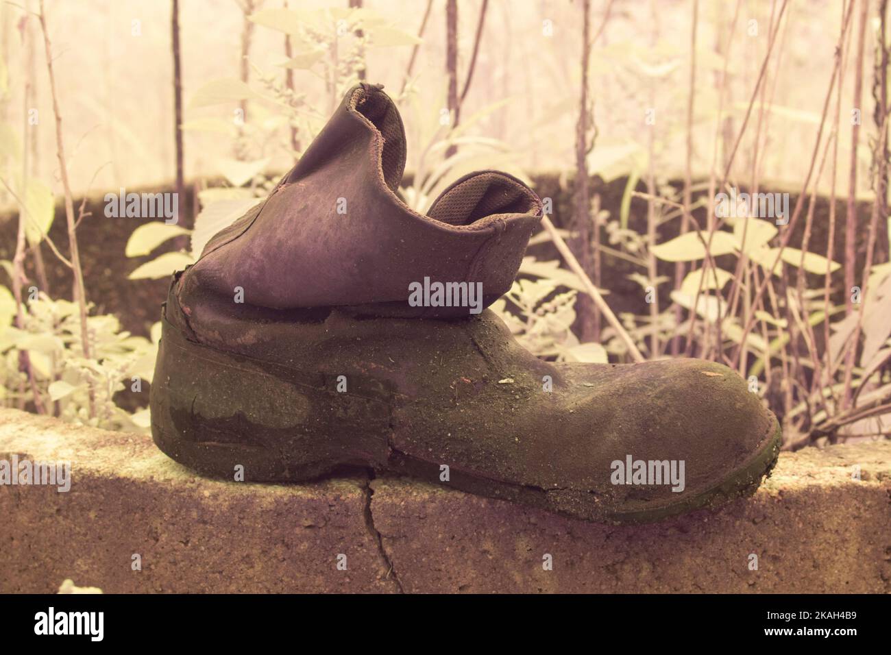 infrared image of the unwanted and worn out single boot at the farm ...