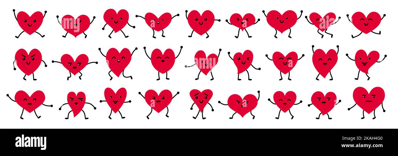 Heart red cartoon characters set. Valentines day emoji faces with hands ...