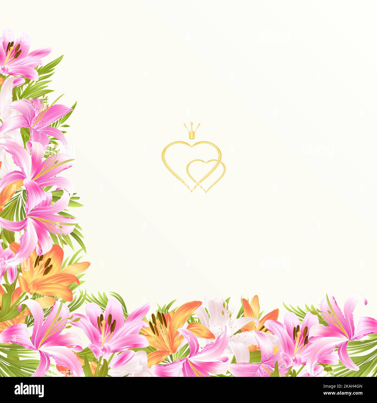 Floral border festive background with blooming lilies and buds vintage vector Illustration ...