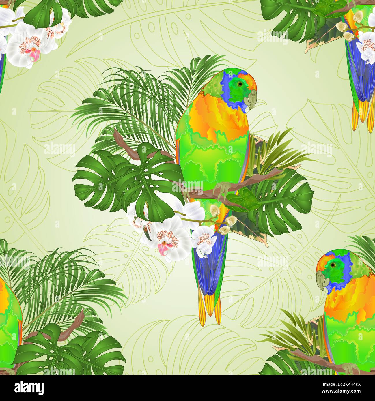 Seamless texture Sun Conure Parrot tropical bird standing on a branch ...