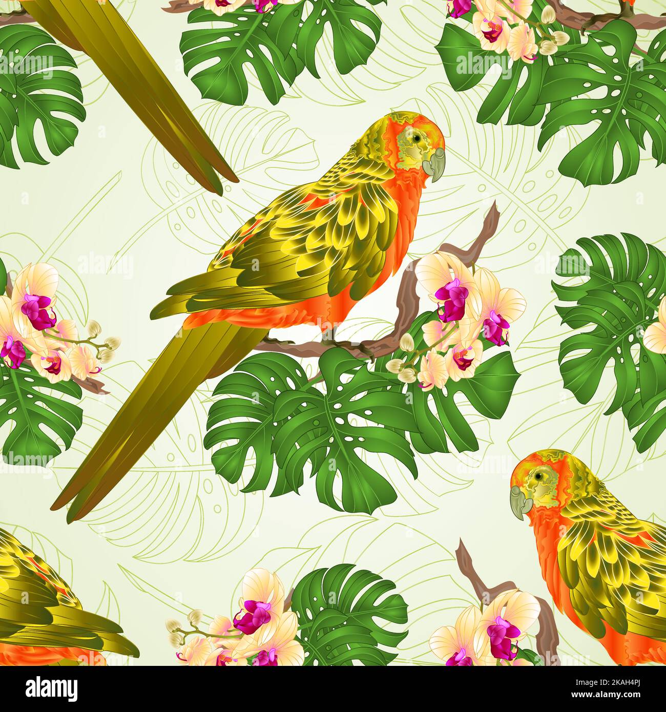 Seamless texture Sun Conure Parrot tropical exotic bird with beautiful ...