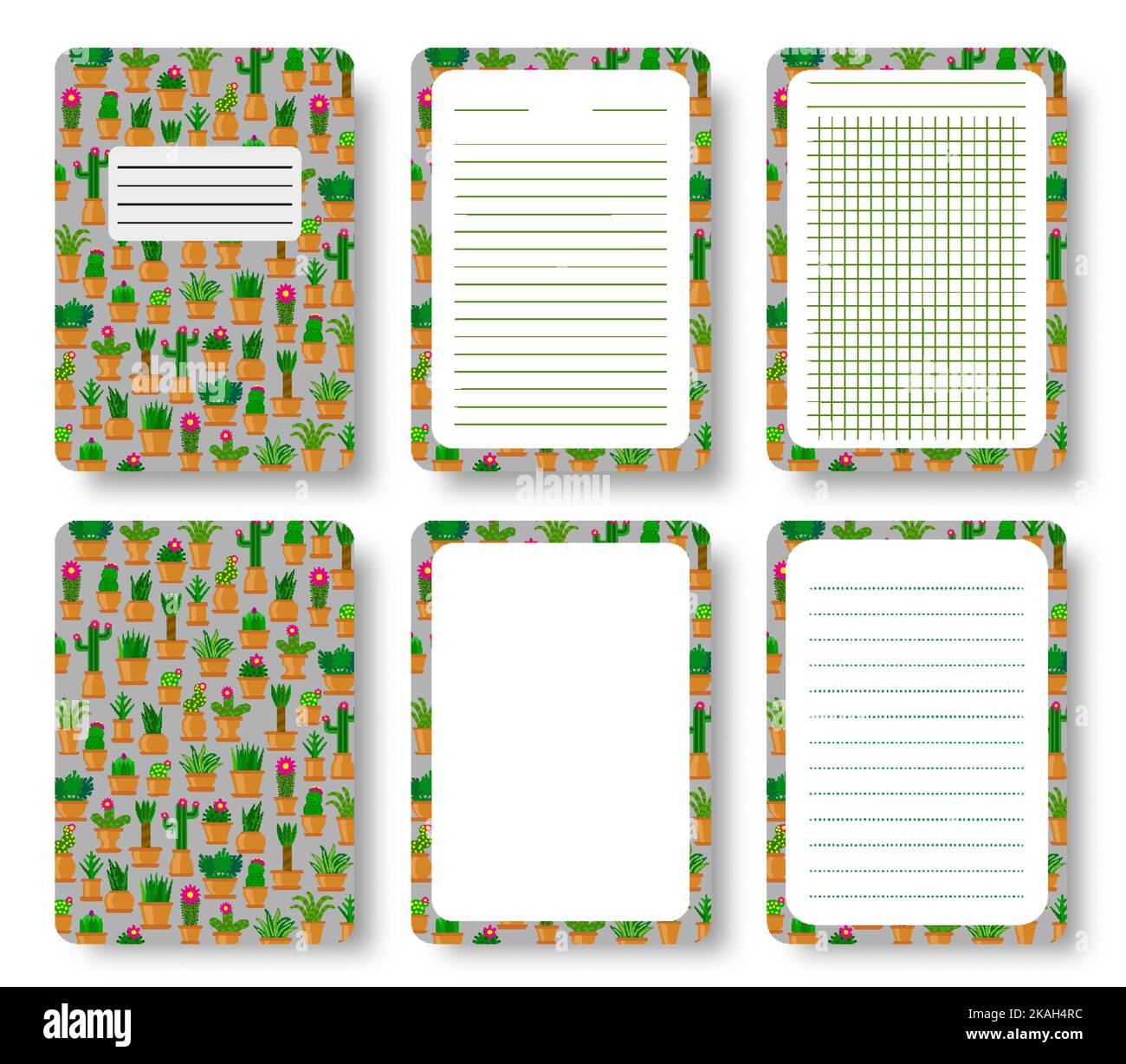 Cactus notebook cover and lined pages set. Succulent in pot pattern ...