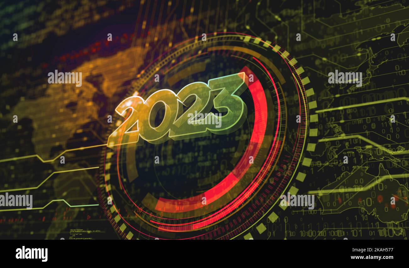 2023 year futuristic new neon symbol digital concept. Network, cyber ...