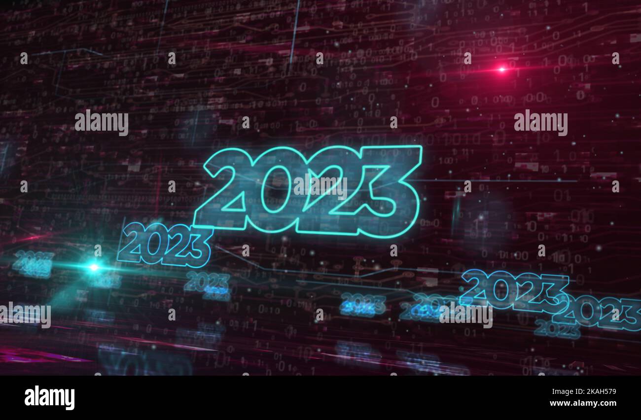 2023 year futuristic new neon symbol digital concept. Network, cyber ...
