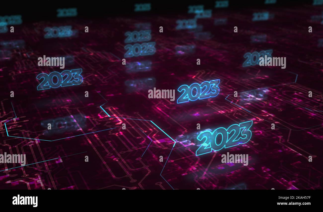 2023 year futuristic new neon symbol digital concept. Network, cyber ...