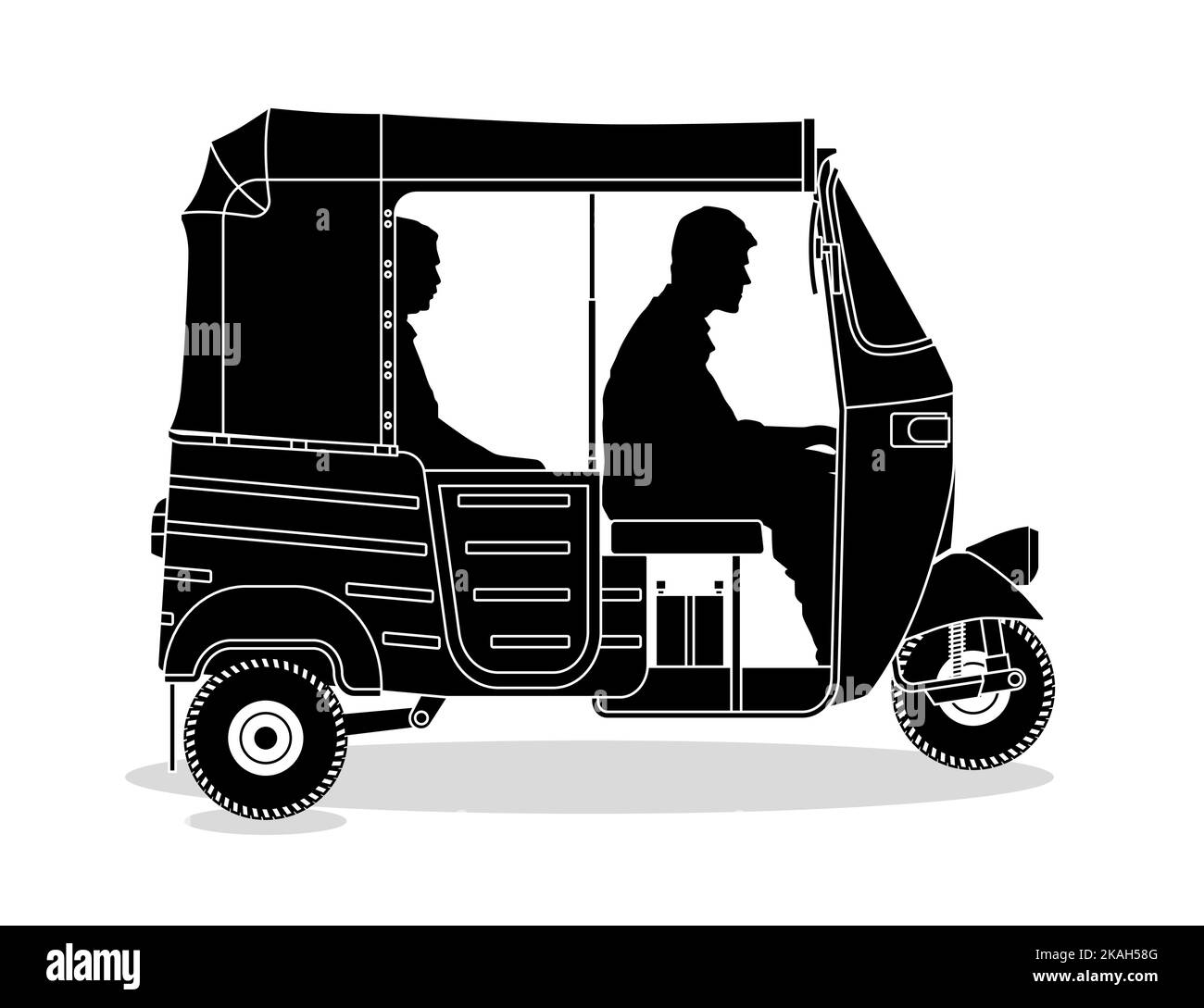 Traditional Asian taxi as an drawing in black with a driver and a ...