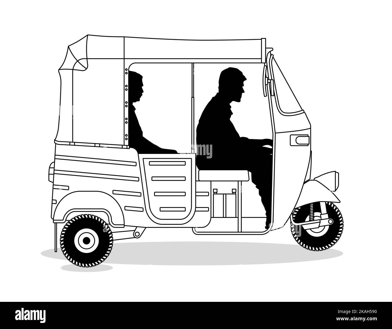 Traditional Asian taxi as an outline drawing with a driver and a ...