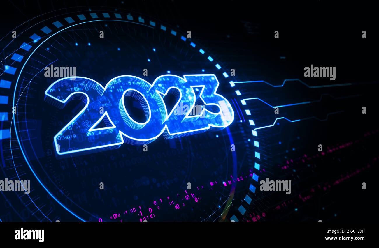 2023 year futuristic new neon symbol digital concept. Network, cyber ...