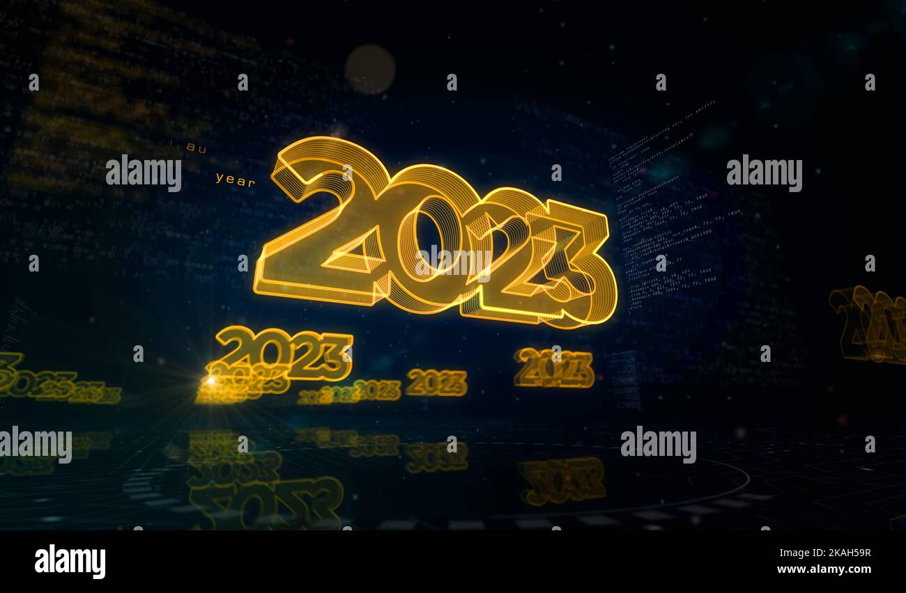 2023 year futuristic new neon symbol digital concept. Network, cyber ...