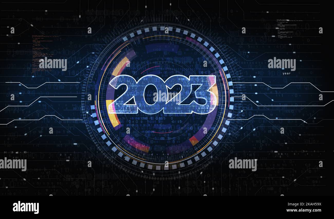 2023 year futuristic new neon symbol digital concept. Network, cyber ...