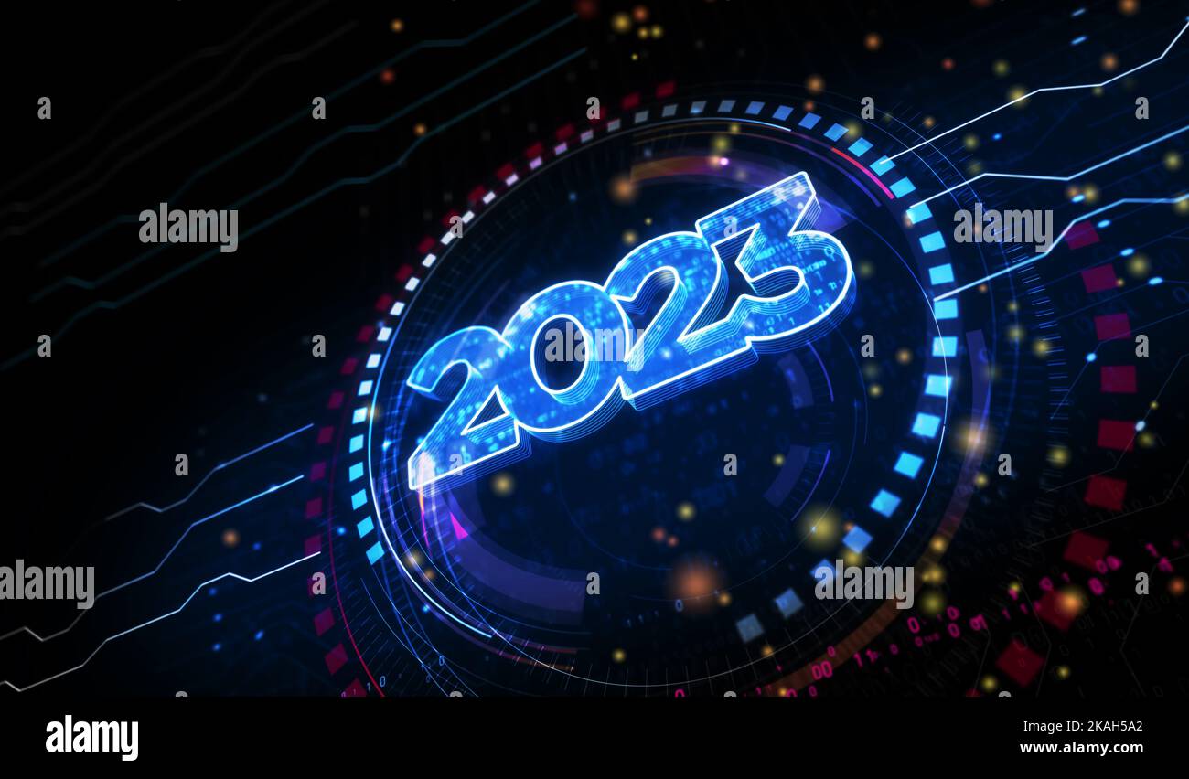 2023 year futuristic new neon symbol digital concept. Network, cyber ...