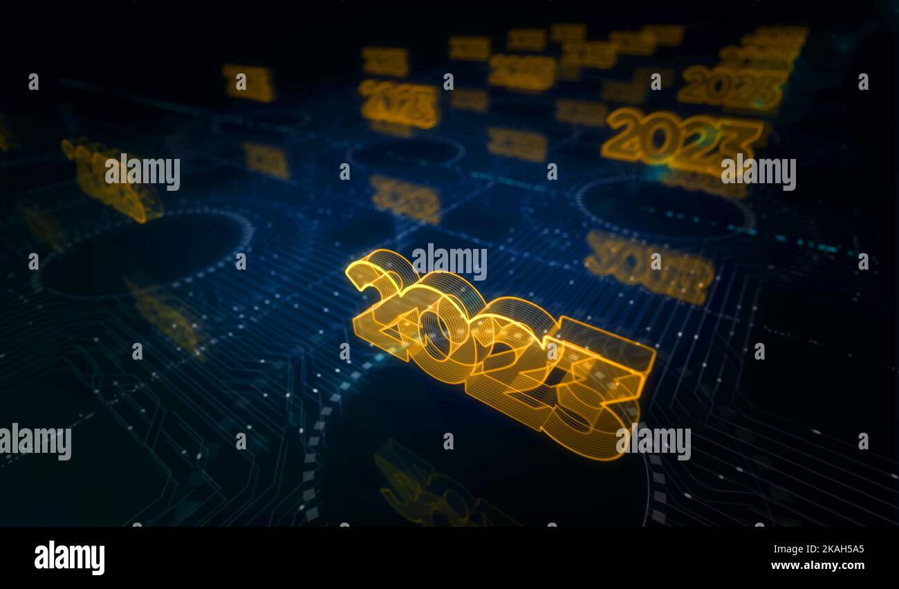 2023 year futuristic new neon symbol digital concept. Network, cyber ...