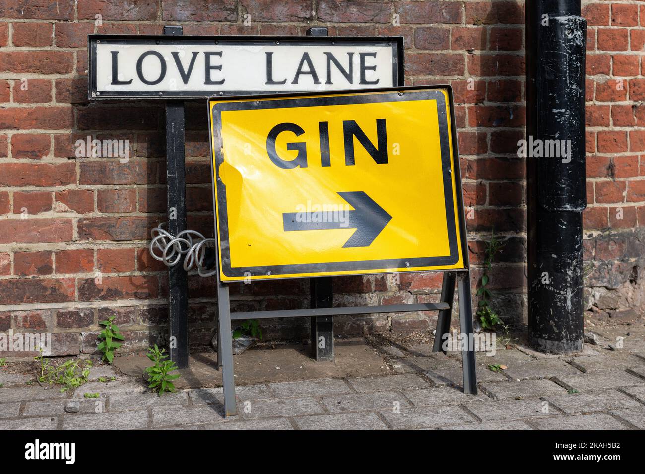 humorous yellow road sign saying Gin and pointing towards the Two ...