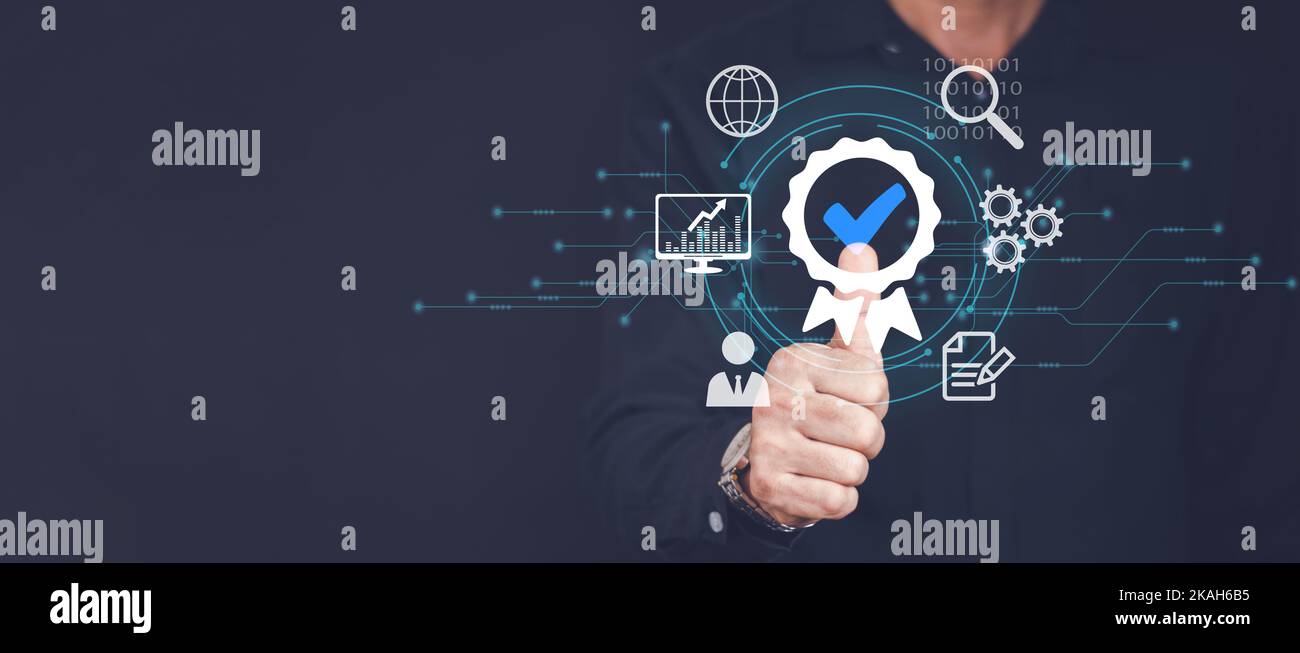 Hand shows the sign of the top service Quality assurance, Guarantee ...