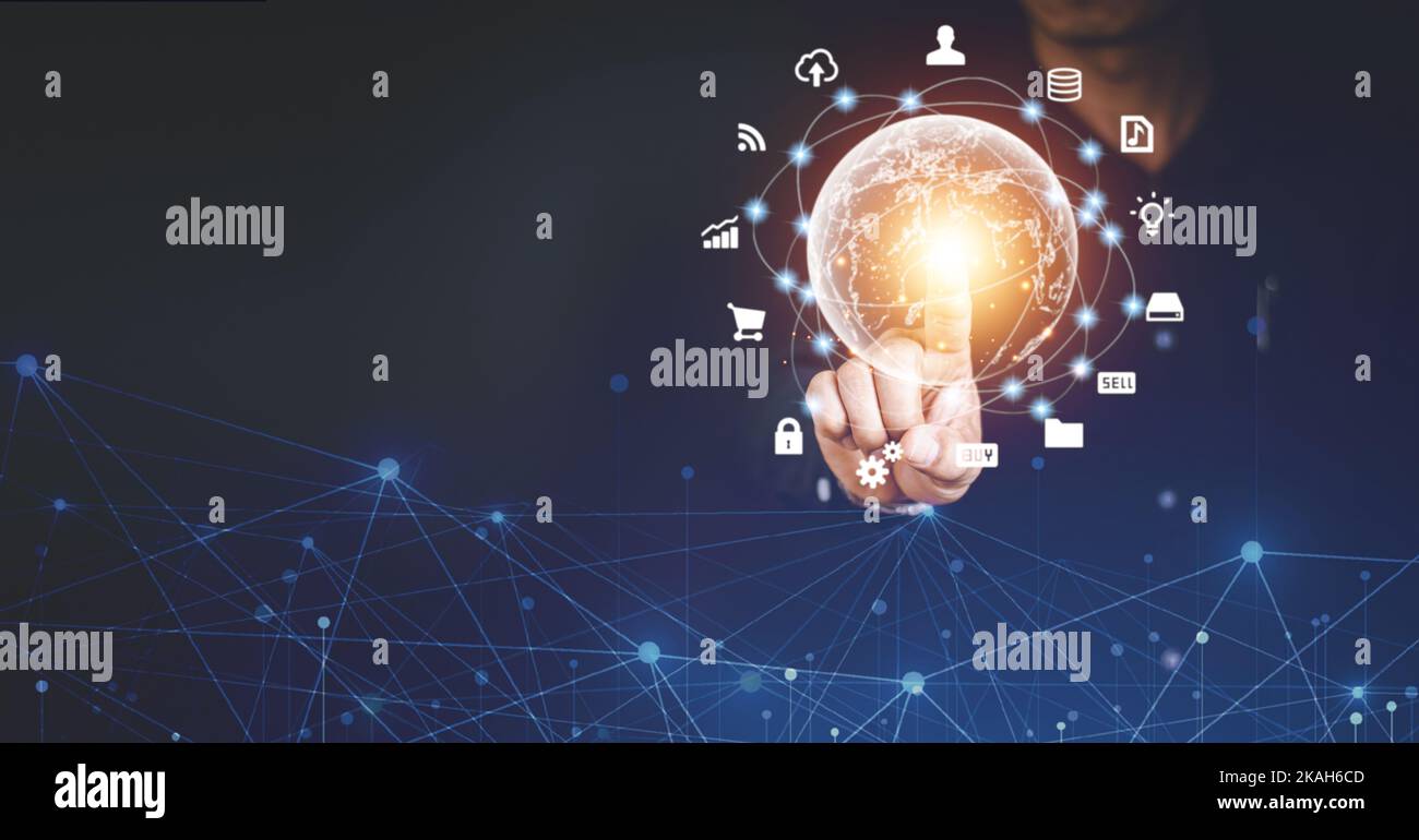 Hand holding virtual Global Internet connection metaverse. Business ...