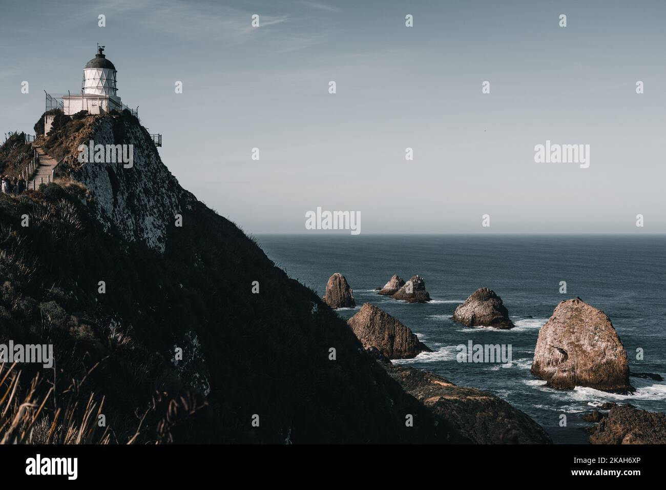 impressive lighthouse built on top of a large rock next to plants and ...