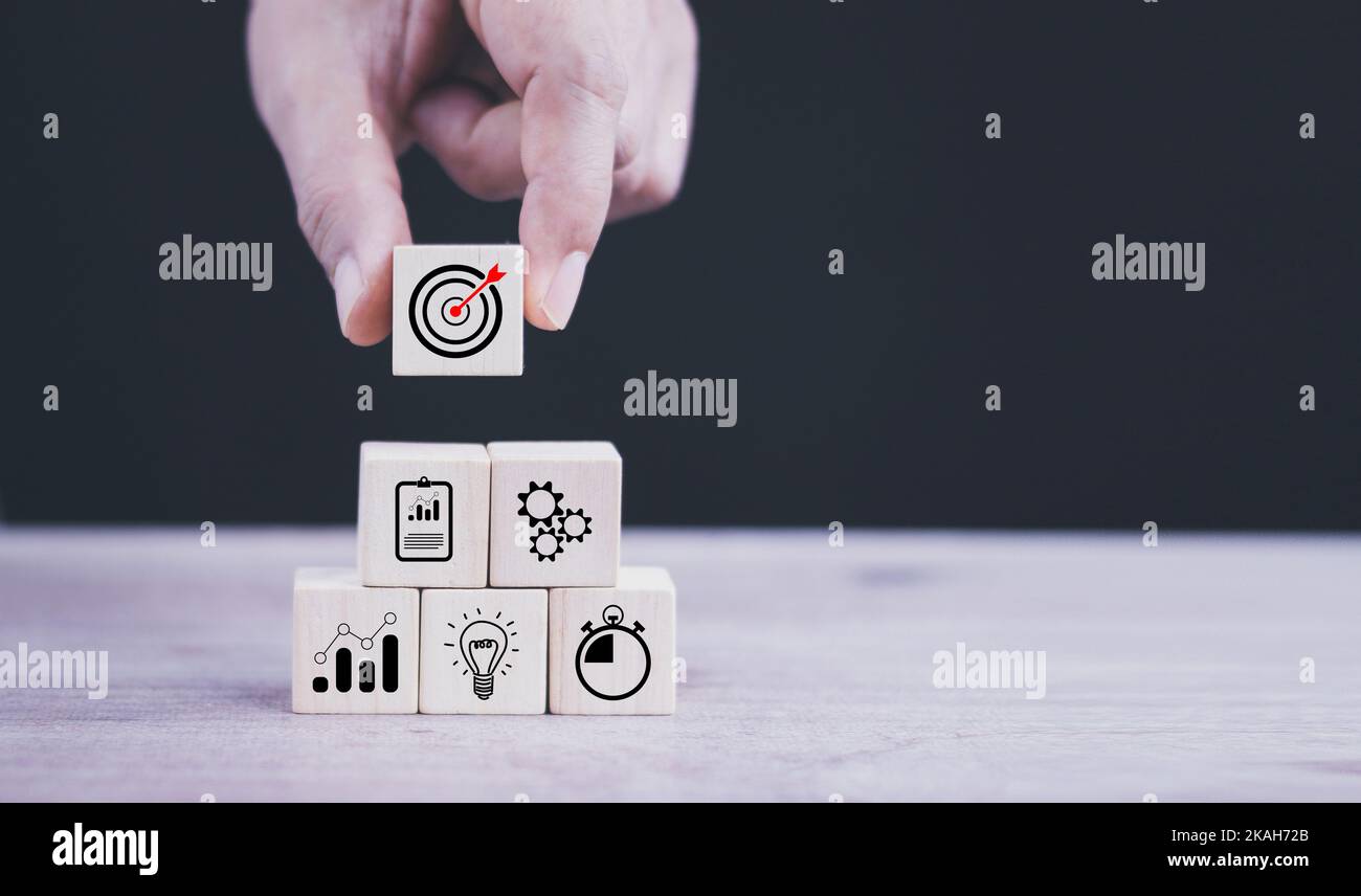 business strategy, Action plan, Goal and target, hand stack woods block ...