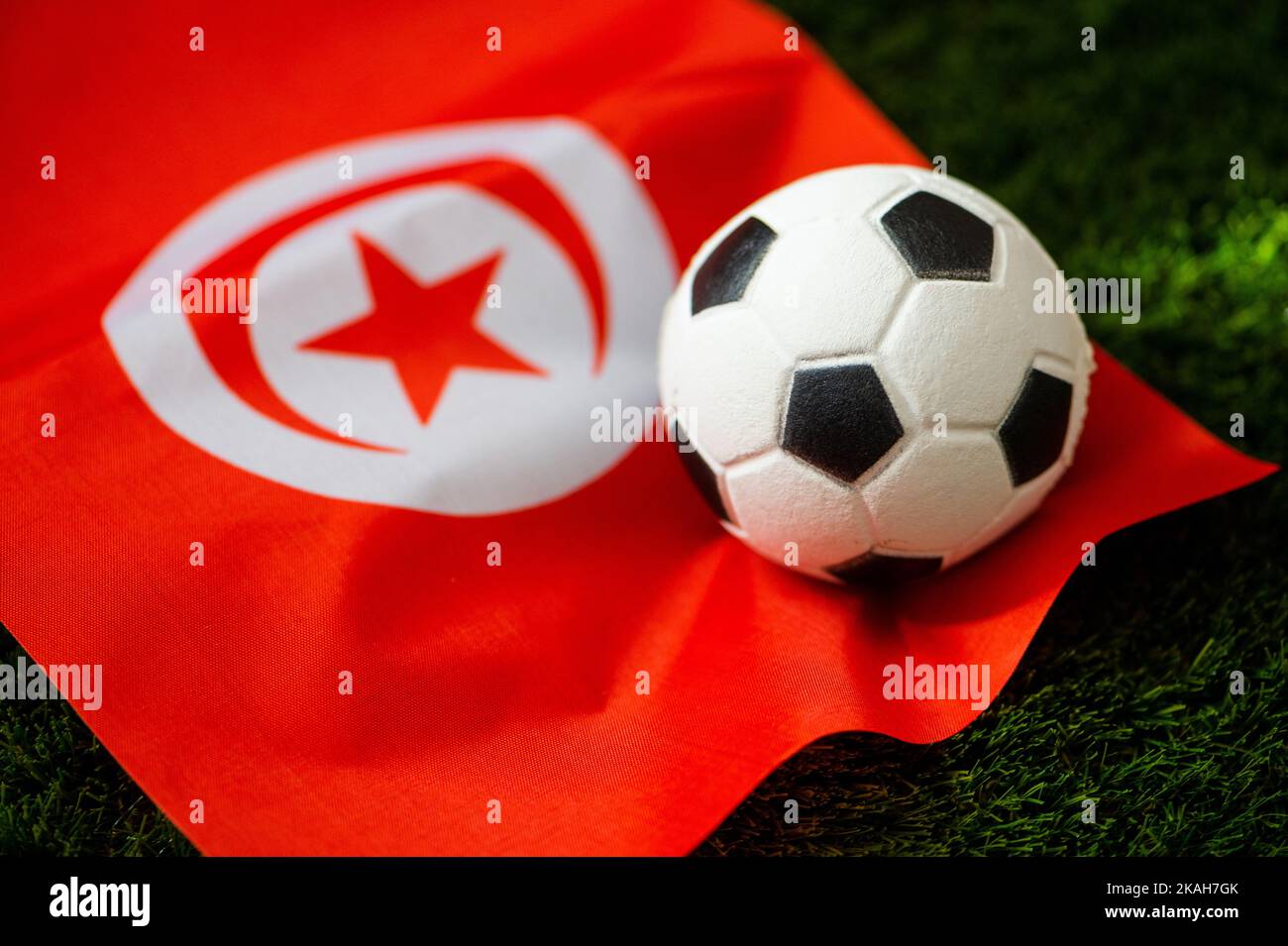 Tunisia national football team. National Flag on green grass and soccer ...