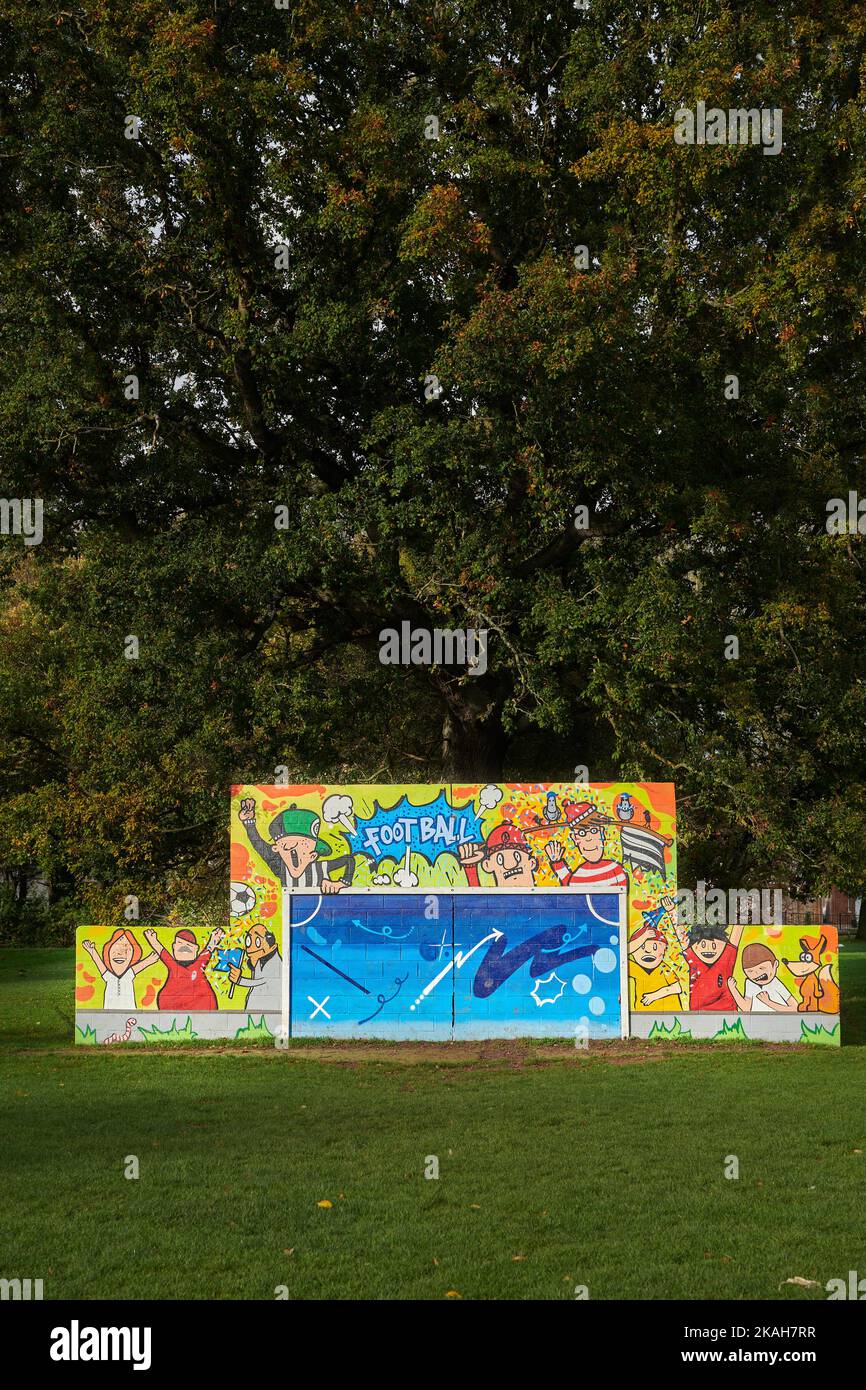 Colourful backdrop to goal post painted onto a purpose built wall for a ...