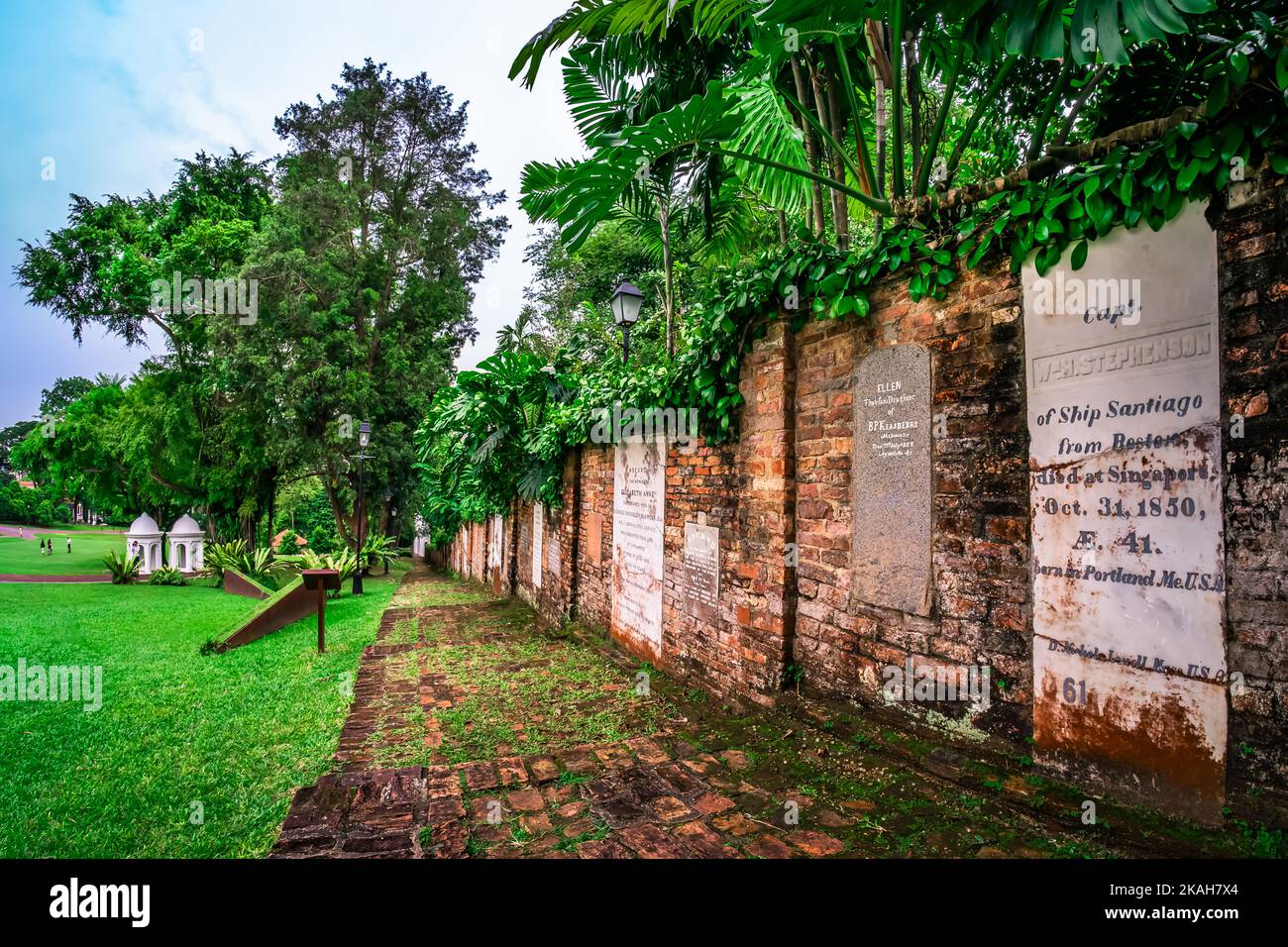 The memorial headstones that incorporated into a beautiful brick wall ...