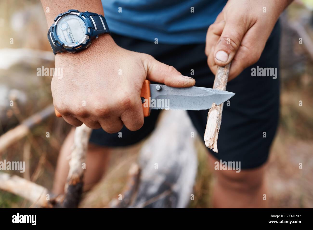 Hands, knife and cutting with a hiking man carving a stick outdoor in ...