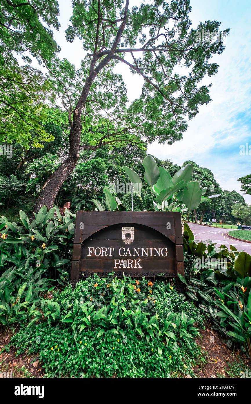Sign Board at Fort Canning Park. This park is an iconic hilltop ...