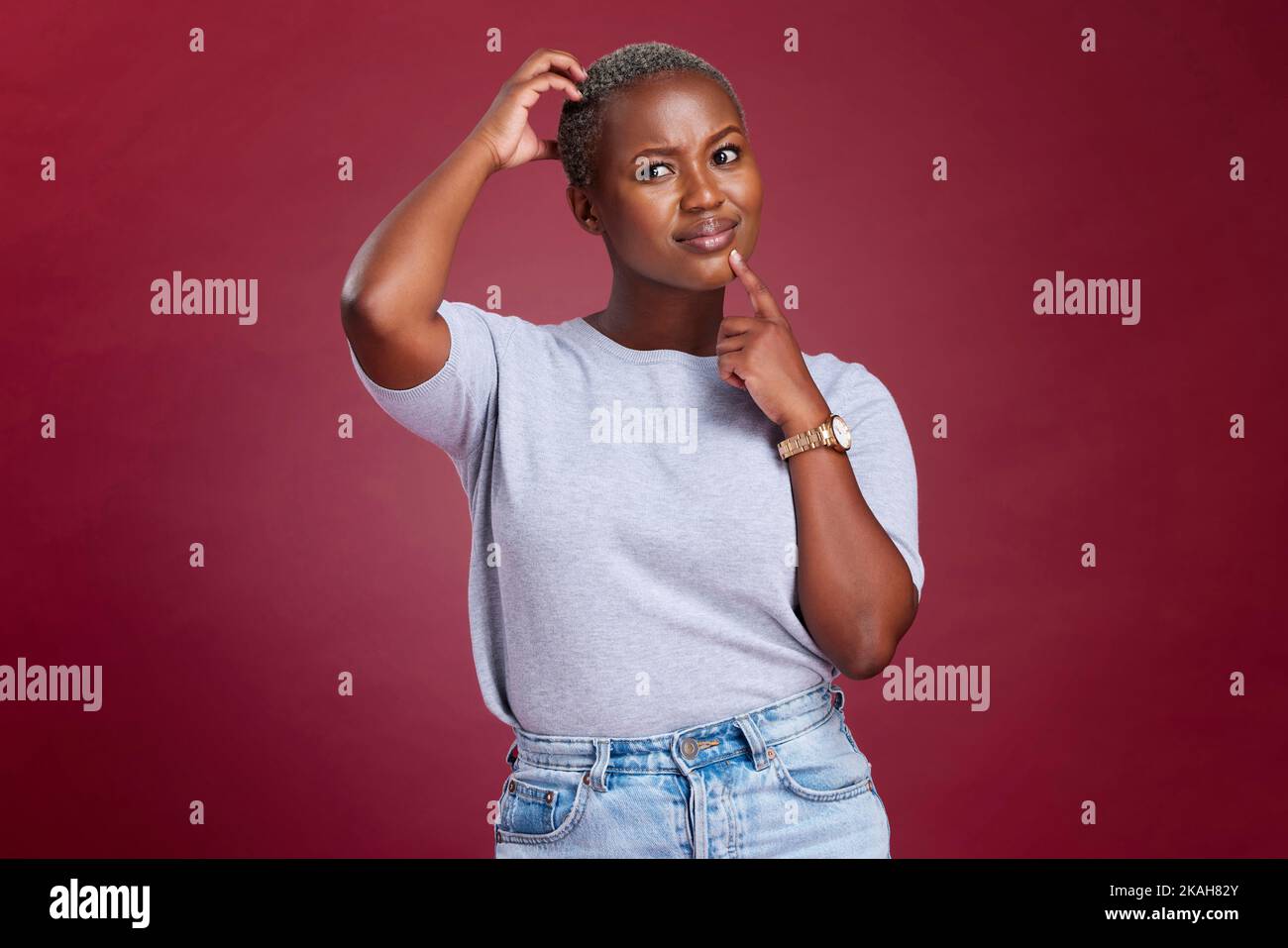 Thinking, idea and confusion of a black woman model from Africa scratch ...