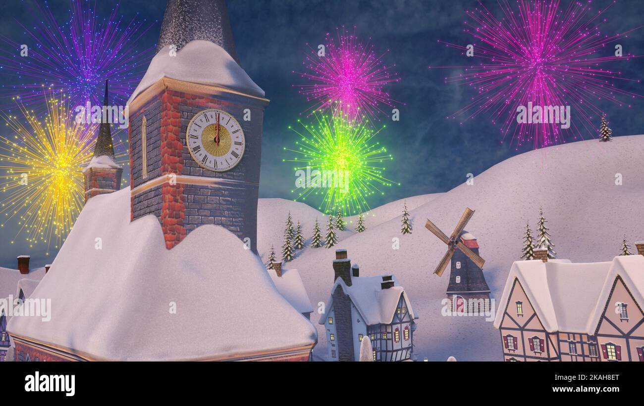 Merry Christmas and Happy New Year 3d rendering. European town with ...
