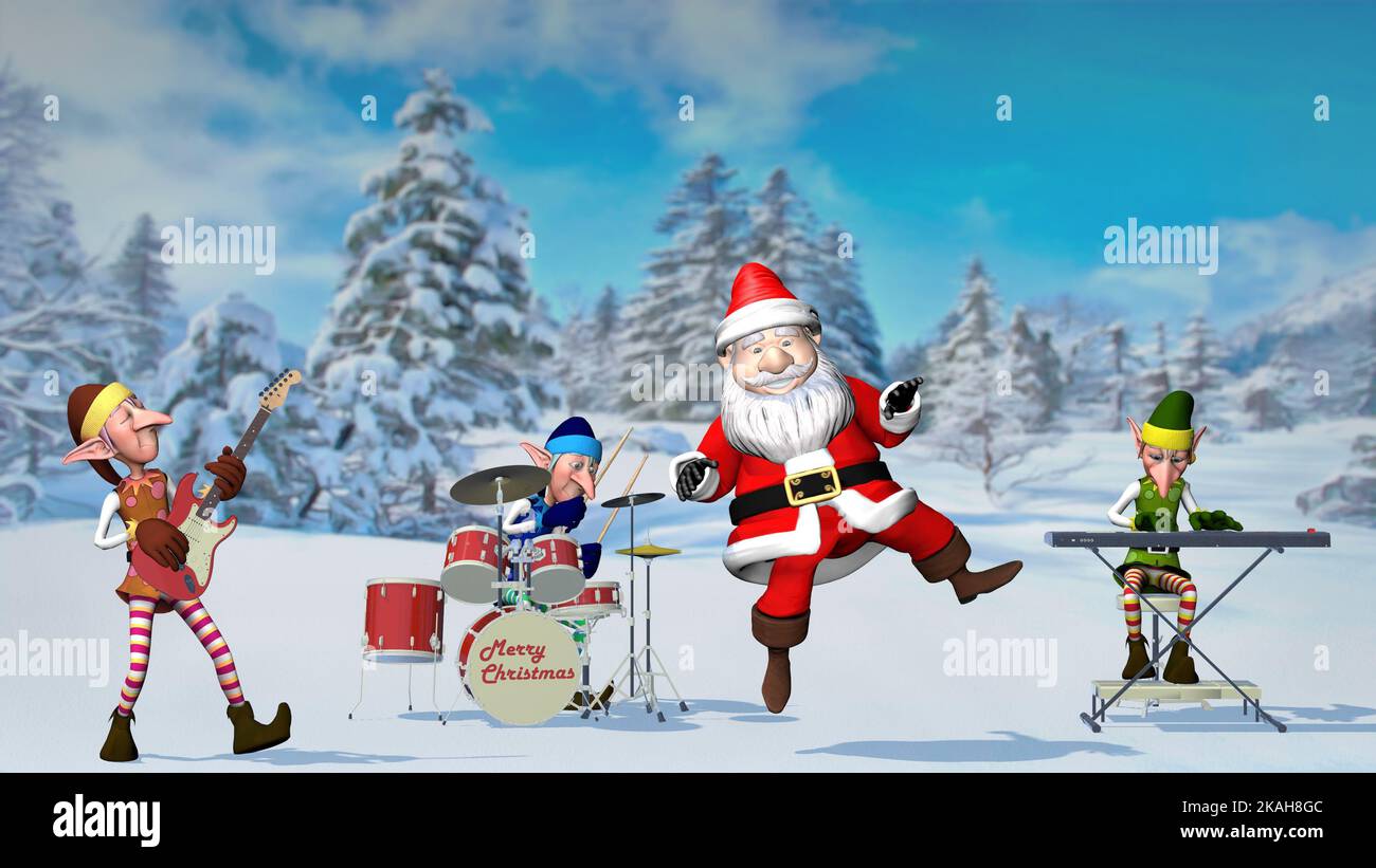 Funny Santa Claus and elfs play musical instruments in the Christmas ...