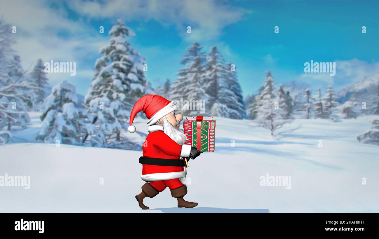 Funny Santa Claus is running with a present in the Christmas winter ...