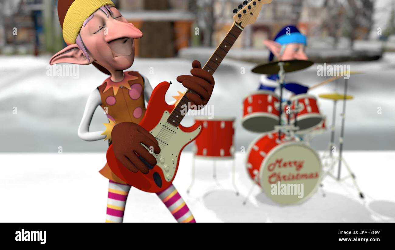 Funny Santa Claus and elfs play musical instruments in the Christmas ...