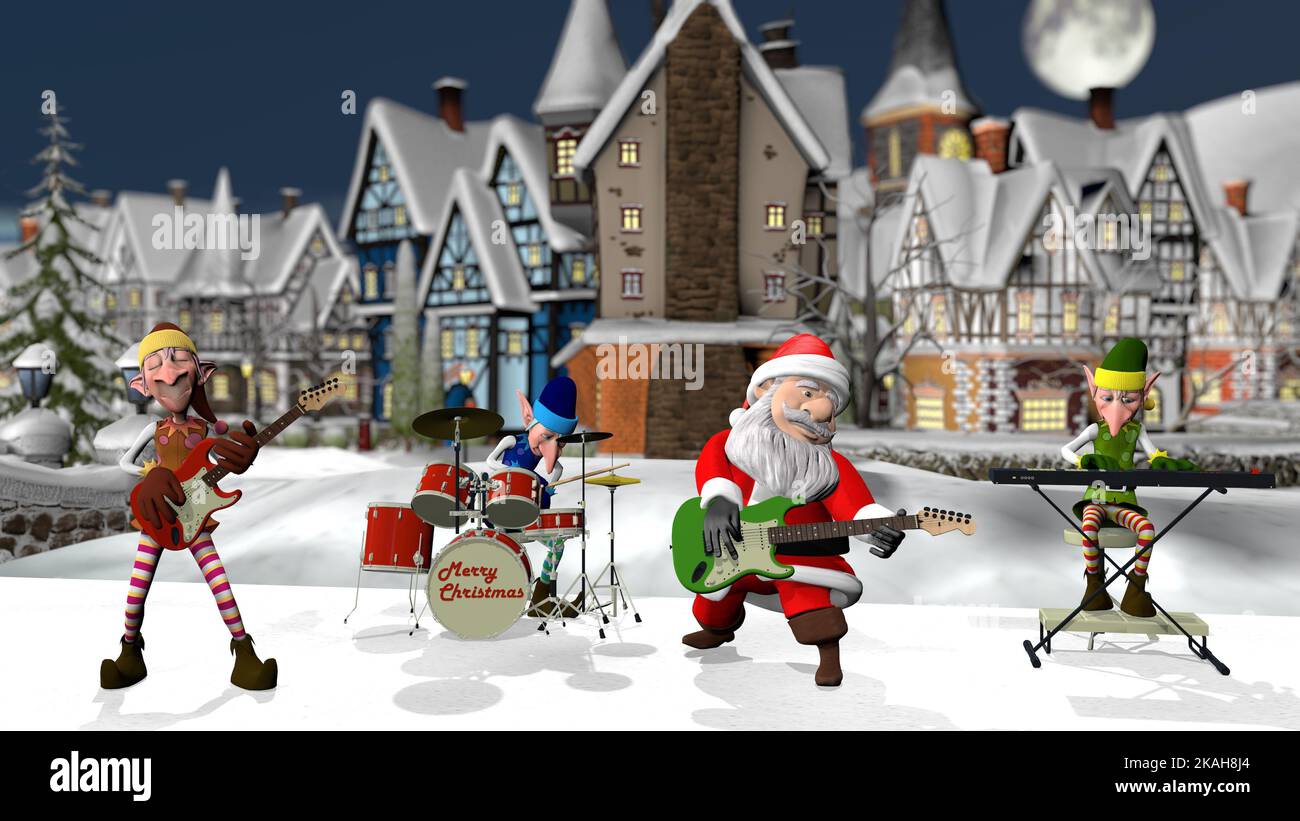 Funny Santa Claus and elfs play musical instruments in the Christmas ...
