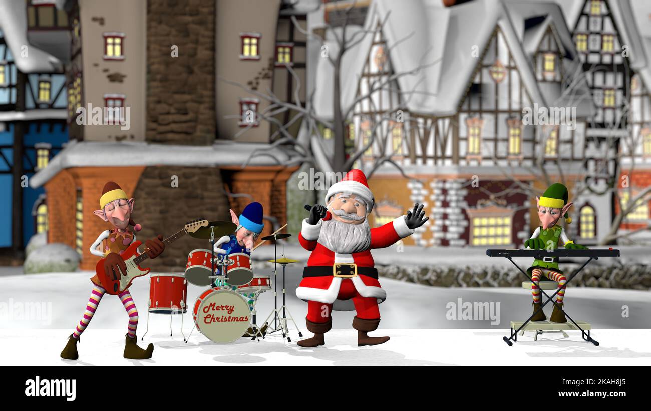 Funny Santa Claus and elfs play musical instruments in the Christmas ...
