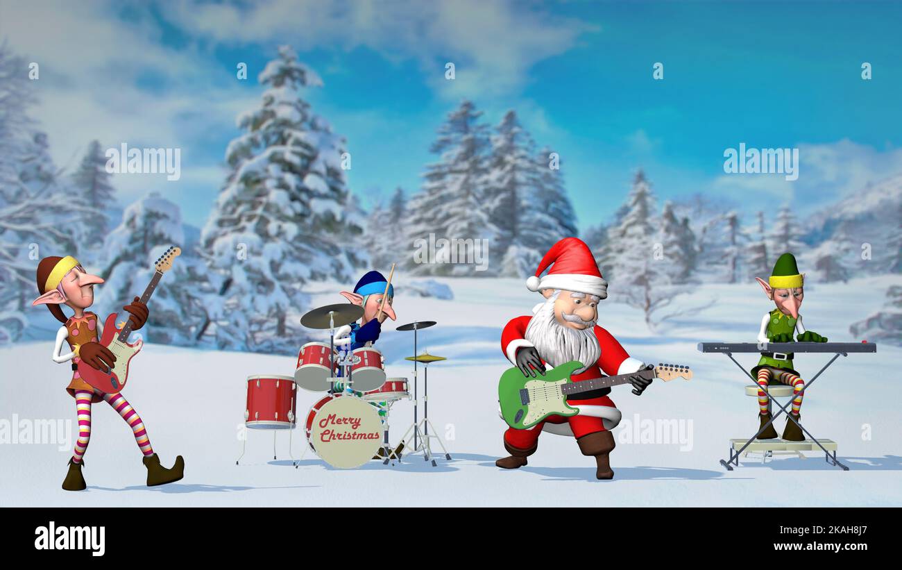 Funny Santa Claus and elfs play musical instruments in the Christmas ...