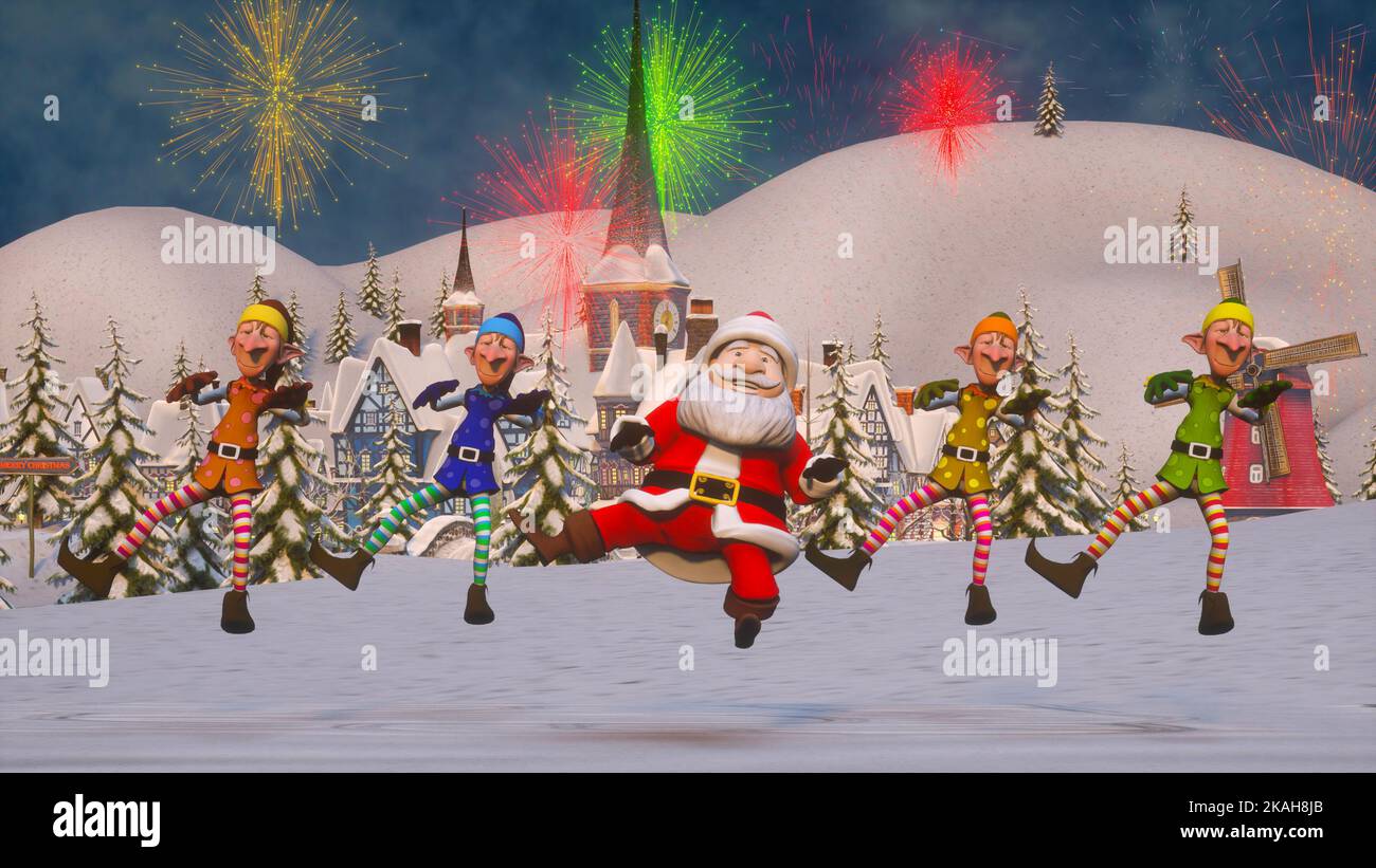 Funny Santa Claus and Elfs are dancing in the Christmas winter forest ...