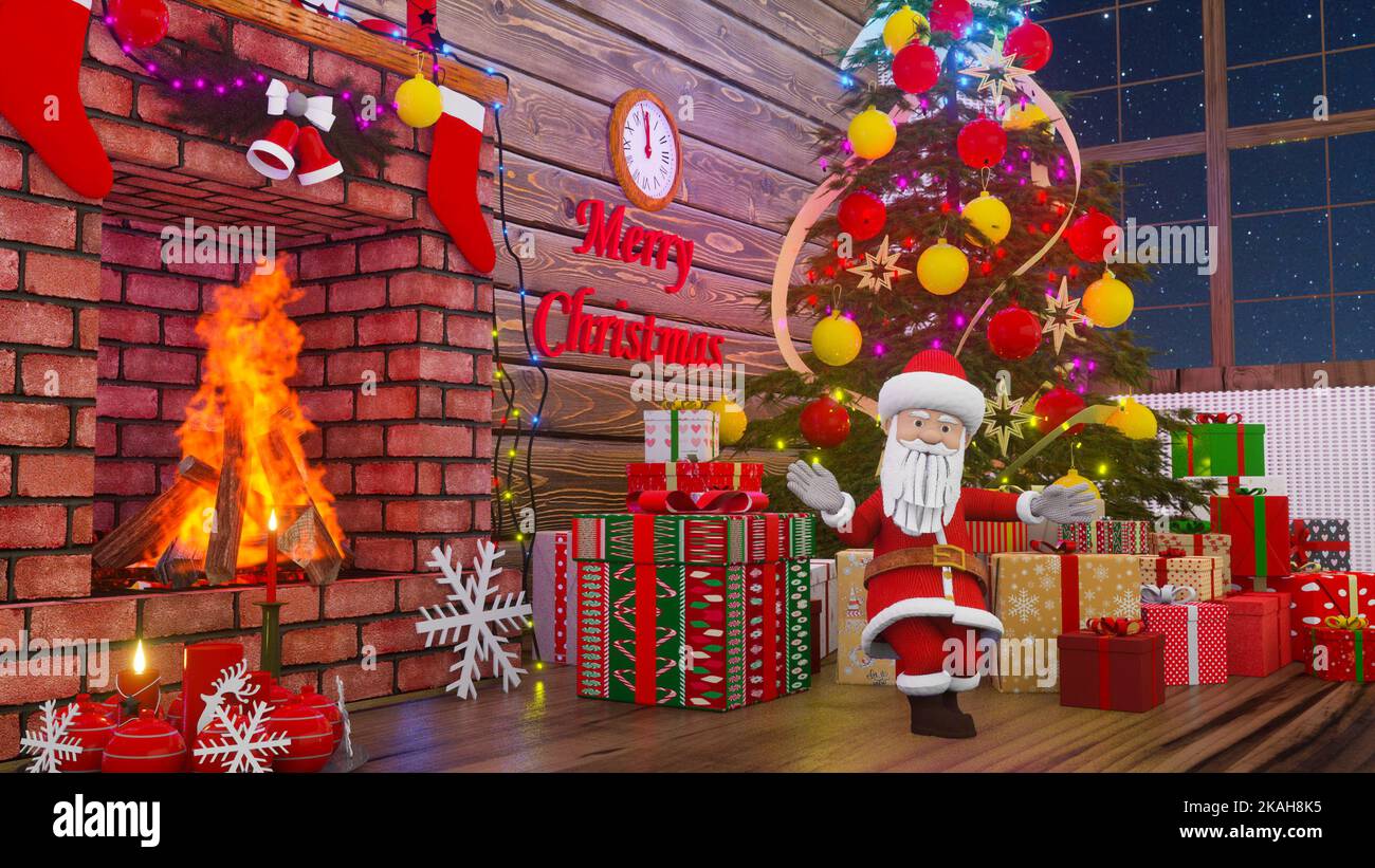 Santa Claus dancing near the Christmas tree. Merry Christmas and Happy ...