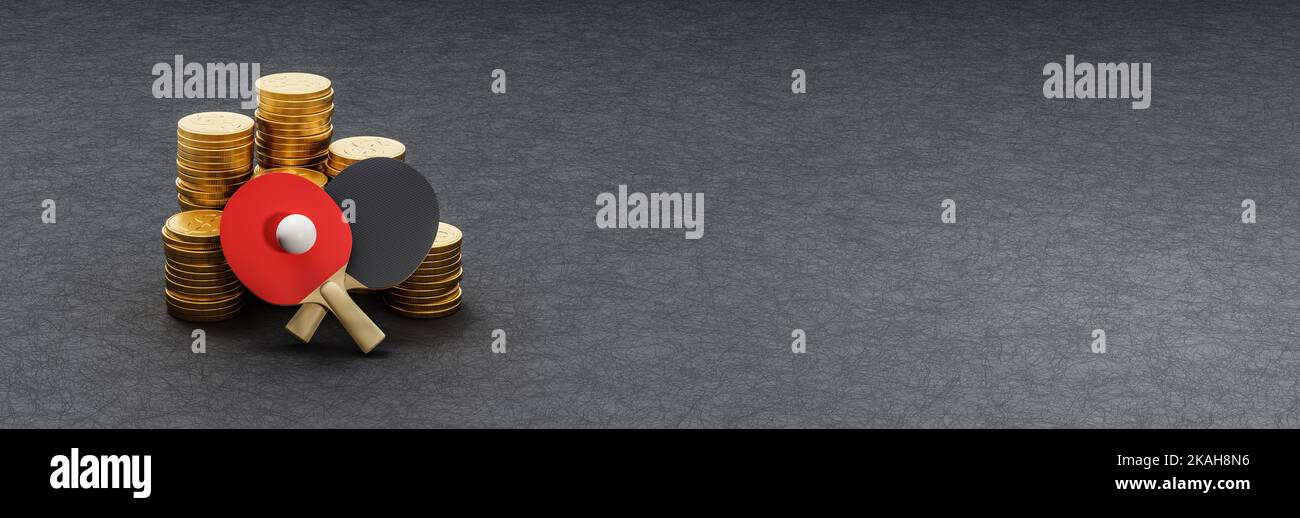 Ping-Pong ahead of Stacks of Coins on Dark Background Stock Photo - Alamy