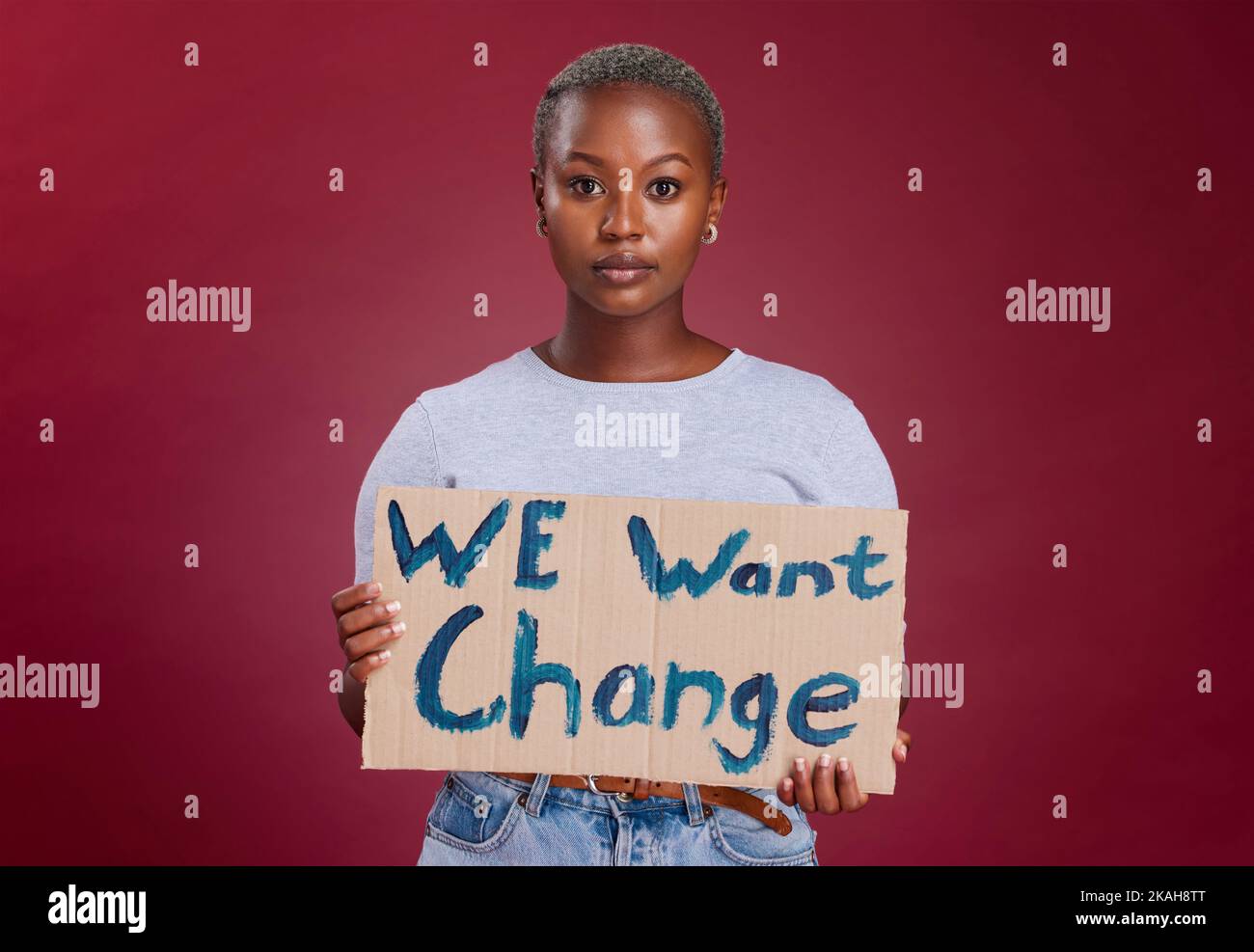 Black woman, protest and billboard message for change, text or voice ...