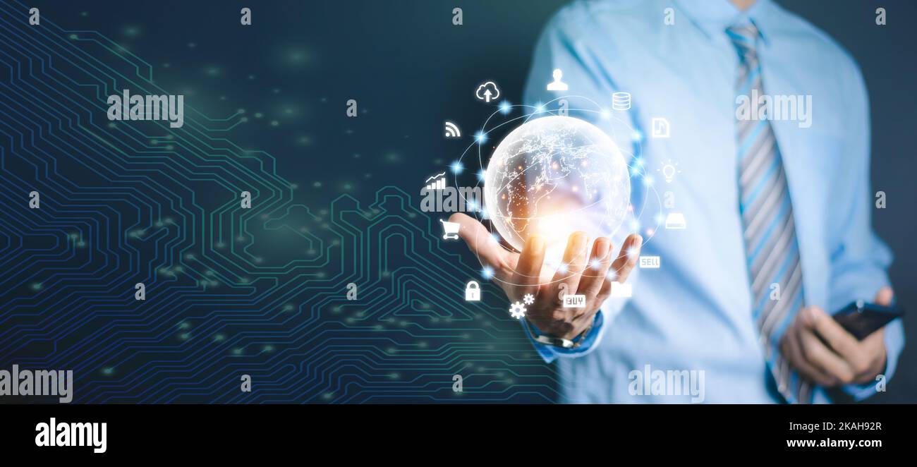Hand holding virtual Global Internet connection metaverse. Business ... Hand holding virtual Global Internet connection metaverse. Business ...