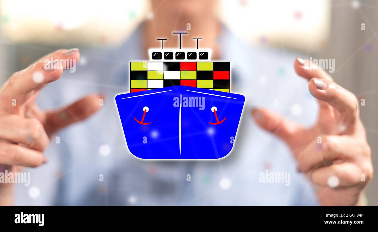 Maritime transportation concept between hands of a woman in background ...
