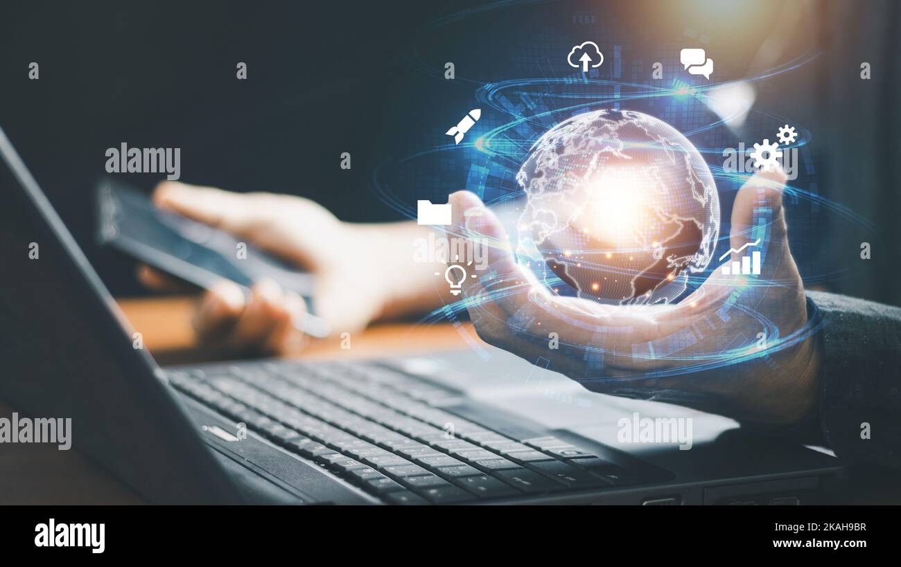 Hand holding virtual Global Internet connection metaverse. Business ... Hand holding virtual Global Internet connection metaverse. Business ...