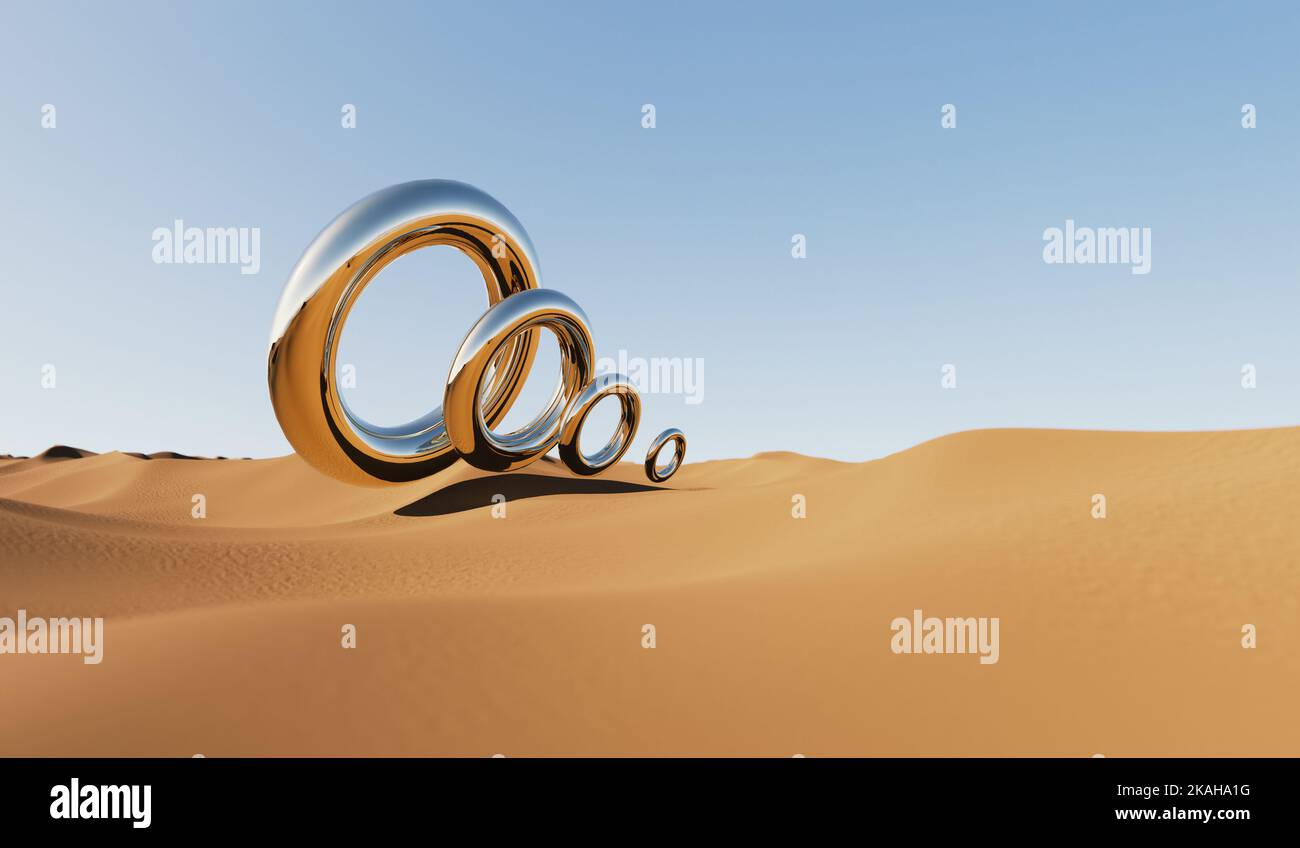 Surreal desert landscape with shiny rings in sand on sunny day. 3D ...
