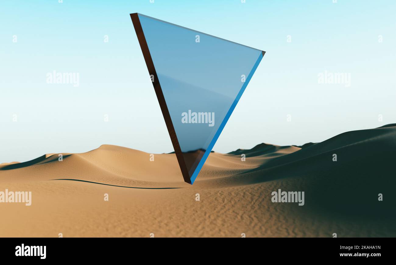 Surreal desert landscape with shiny triangle. 3D rendering Stock Photo ...