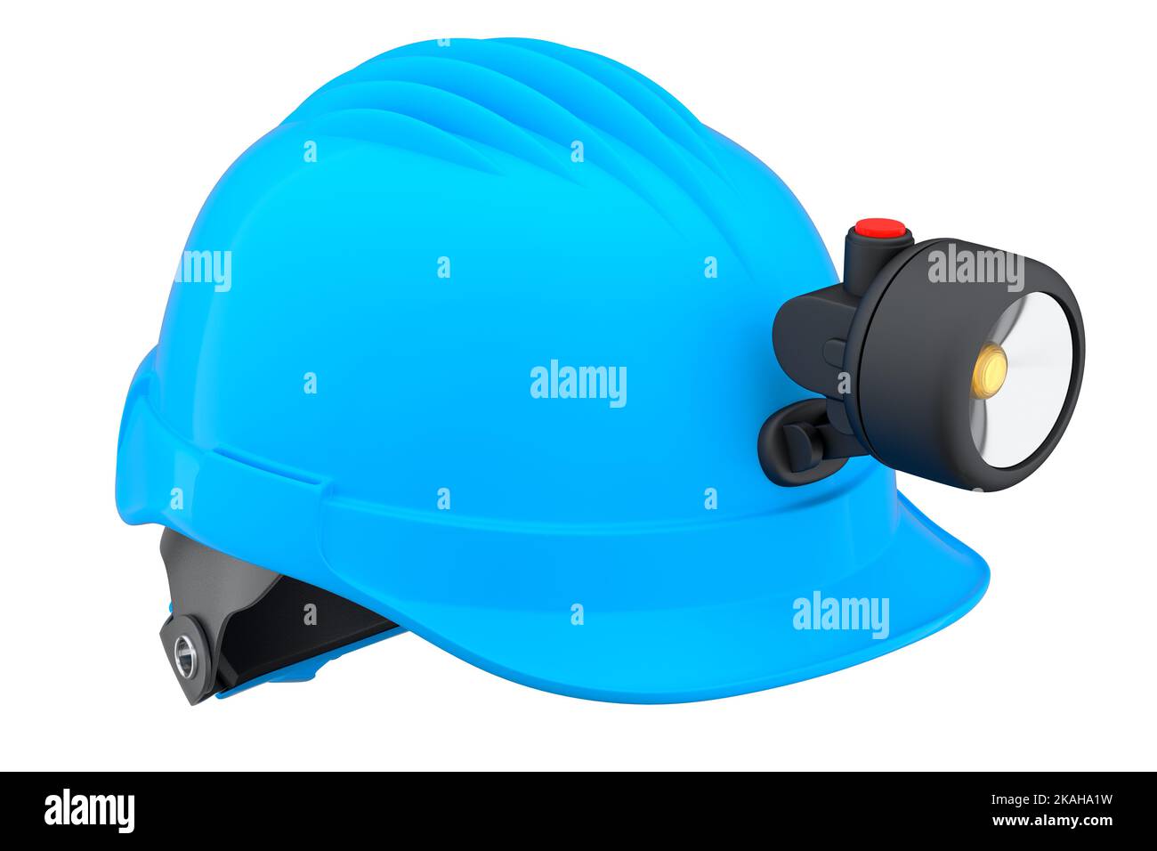 Yellow safety helmet or hard cap with flashlight isolated on white ...