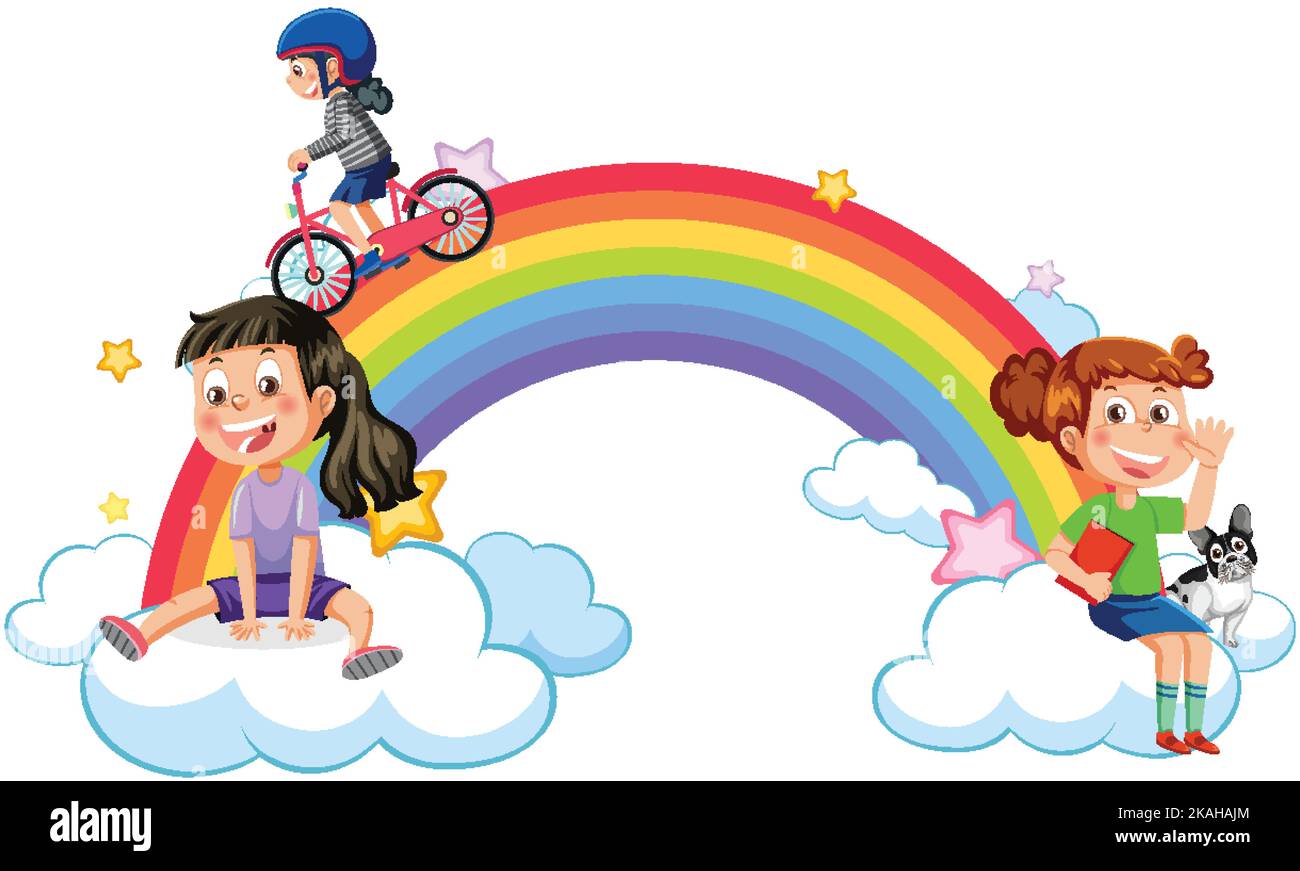 Happy children with rainbow illustration Stock Vector Image & Art - Alamy