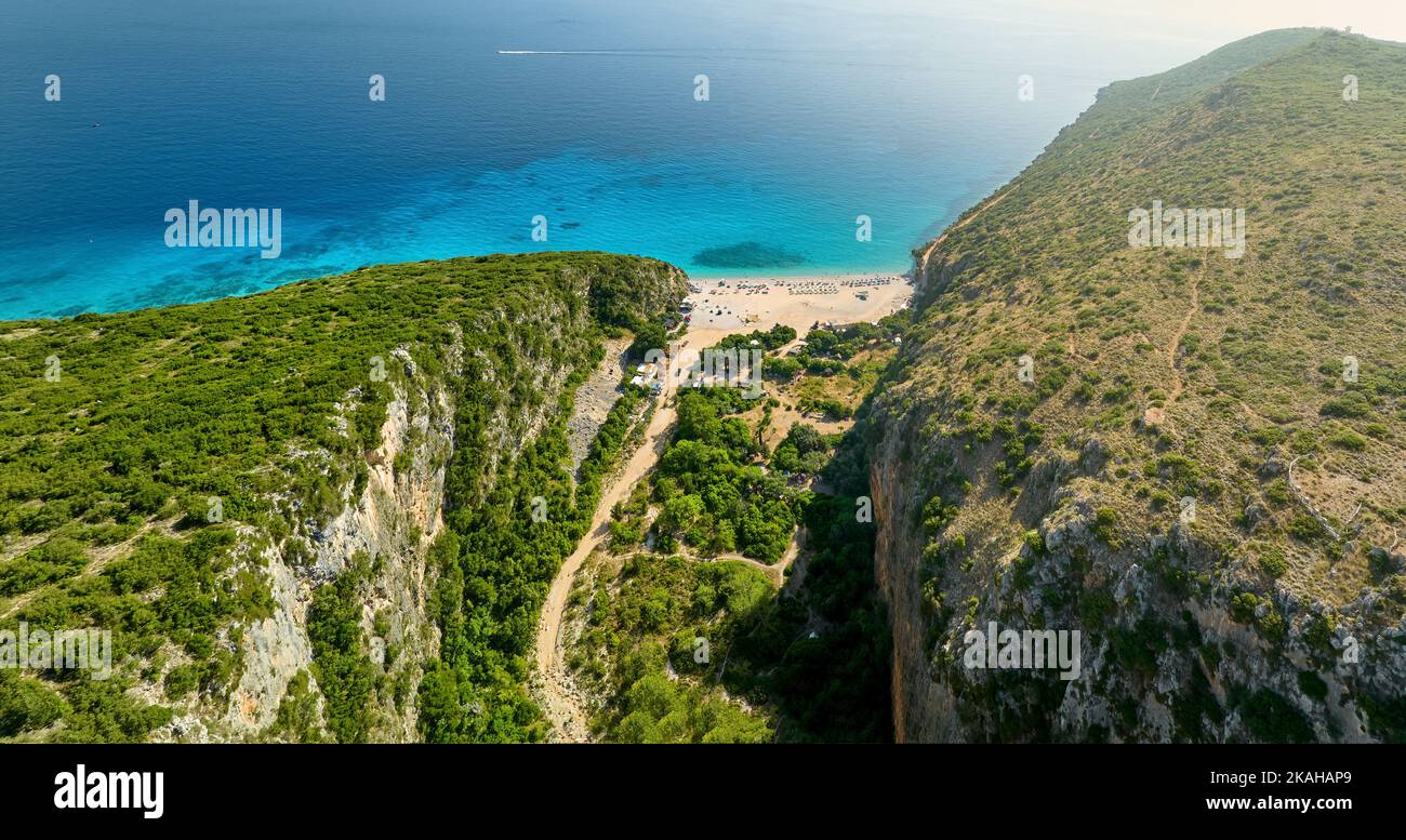 Gjipe Beach. Panoramic, aerial view from the gorge side. Clear waters ...