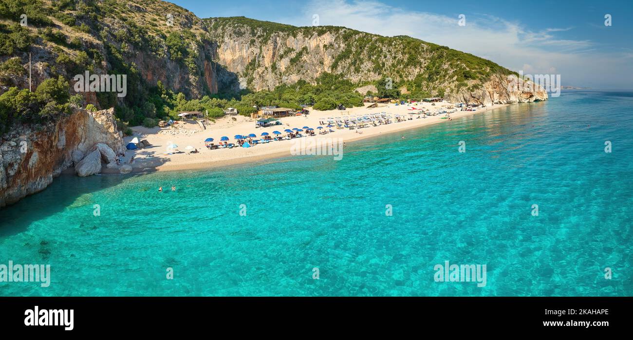 Gjipe Beach. Panoramic, aerial view from the sea side. Clear waters of ...