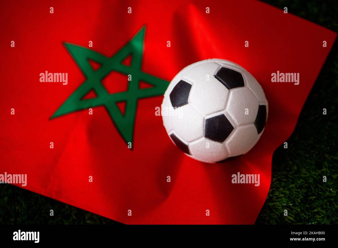 Morocco national football team. National Flag on green grass and soccer ...